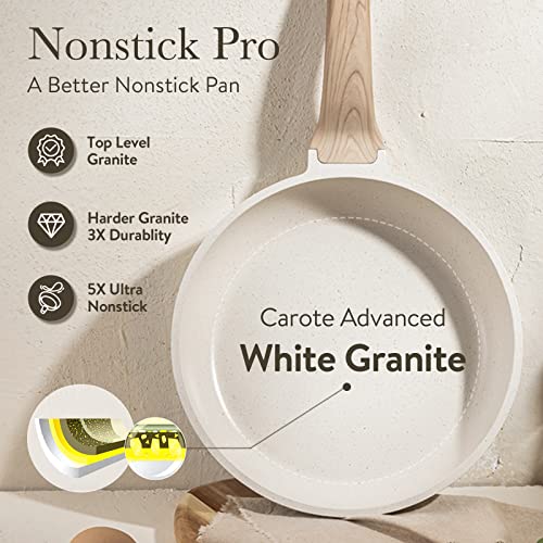 CAROTE White Nonstick Frying Pan Skillet,10" Non Stick Granite Fry Pan with Glass Lid, Egg Pan Omelet Pans, Stone Cookware Chef's Pan, PFOA Free (White Granite, 10-Inch)