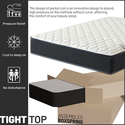 Mayton, 10-Inch Medium Tight Top Memory Foam Pocket Coil Hybrid Mattress, and 4" Split Wood Box Spring set, king, Black Box