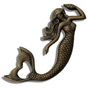 cast iron mermaid shaped bottle screw, nautical kitchen accessory for beach house and themed homes, detailed cap opener for adults, 7 inches