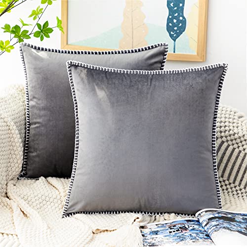 GAWAMAY Gray Throw Pillow Covers 16x16 Inch Soft Velvet Pillow Cover with Modern Chenille Edge, Winter Farmhouse Decorative Burgundy Red Pillow Caces for Living Room Sofa Couch Beding (40x40cm)