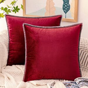 GAWAMAY Gray Throw Pillow Covers 16x16 Inch Soft Velvet Pillow Cover with Modern Chenille Edge, Winter Farmhouse Decorative Burgundy Red Pillow Caces for Living Room Sofa Couch Beding (40x40cm)