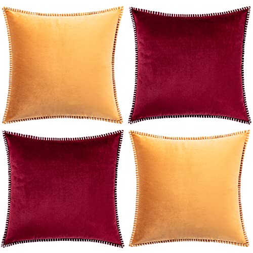 GAWAMAY Set of 2 Fall Decorative Soft Velvet Gold Throw Pillow Covers with Chenille Fancy Edge Boho Accent Square Cushion Case for Couch Sofa Living Room Beding 16 x 16 Inch (40x40cm) Burgundy Red