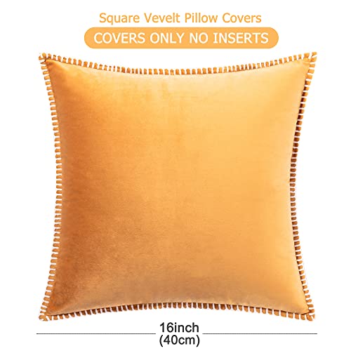 GAWAMAY Set of 2 Fall Decorative Solid Soft Velvet Gold Throw Pillow Covers with Chenille Edge Boho Accent Grey Square Cushion Case for Couch Sofa Living Room Beding Outdoor 16 x 16 Inch (40x40cm)