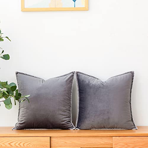 GAWAMAY Set of 2 Fall Decorative Solid Soft Velvet Gold Throw Pillow Covers with Chenille Edge Boho Accent Grey Square Cushion Case for Couch Sofa Living Room Beding Outdoor 16 x 16 Inch (40x40cm)