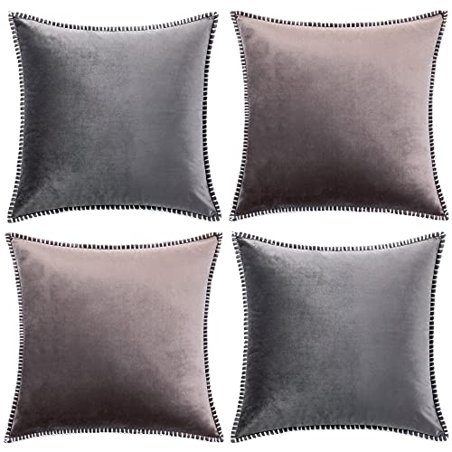 GAWAMAY Gray Throw Pillow Covers 16x16 Inch Soft Taupe Grey Velvet Pillow Cover with Chenille Edge, Winter Farmhouse Decorative Pillow Caces for Holiday Living Room Sofa Couch Beding (40x40cm)