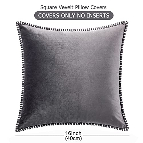 GAWAMAY Gray Throw Pillow Covers 16x16 Inch Soft Taupe Grey Velvet Pillow Cover with Chenille Edge, Winter Farmhouse Decorative Pillow Caces for Holiday Living Room Sofa Couch Beding (40x40cm)