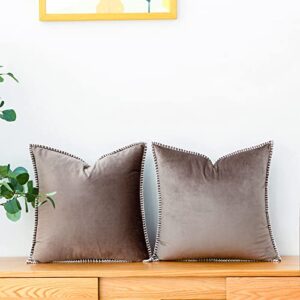 GAWAMAY Gray Throw Pillow Covers 16x16 Inch Soft Taupe Grey Velvet Pillow Cover with Chenille Edge, Winter Farmhouse Decorative Pillow Caces for Holiday Living Room Sofa Couch Beding (40x40cm)