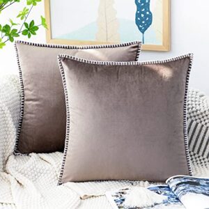 GAWAMAY Gray Throw Pillow Covers 16x16 Inch Soft Taupe Grey Velvet Pillow Cover with Chenille Edge, Winter Farmhouse Decorative Pillow Caces for Holiday Living Room Sofa Couch Beding (40x40cm)