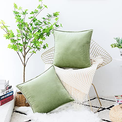 GAWAMAY Set of 2 Fall Decorative Solid Soft Velvet Gold Throw Pillow Covers with Chenille Edge Boho Accent Square Green Cushion Case for Couch Sofa Living Room Beding Outdoor 16 x 16 Inch (40x40cm)