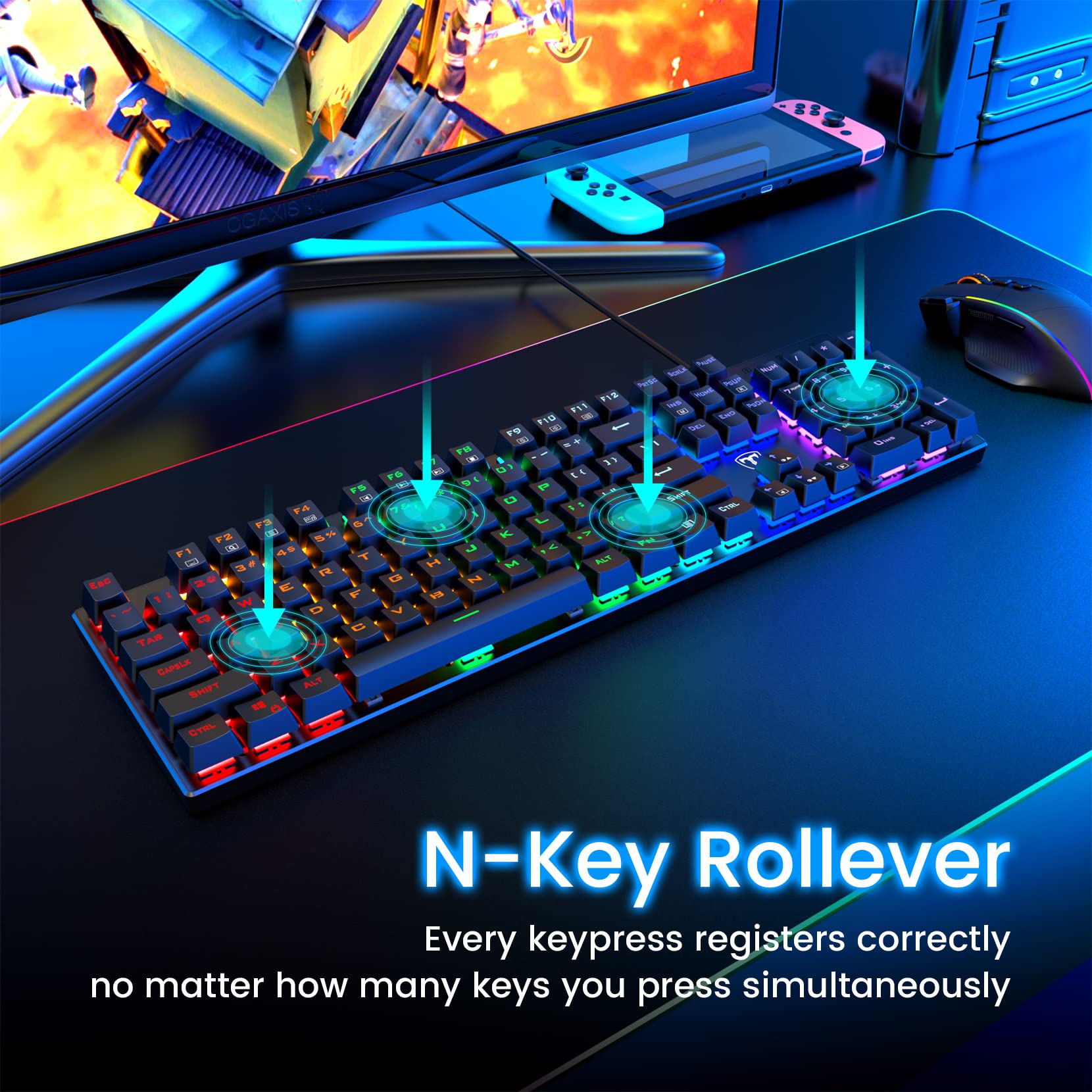 RisoPhy Mechanical Gaming Keyboard, RGB 104 Keys Ultra-Slim LED Backlit USB Wired Keyboard with Blue Switch, Durable ABS Keycaps/Anti-Ghosting/Spill-Resistant for PC Mac Xbox Gamer