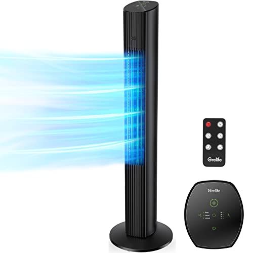 Grelife 36'' Tower Fan with Remote, 75° Oscillating Fan, Bladeless 3 Modes, Speeds, LED Display Auto Off, Quiet Cooling 12H Timer for Bedroom Living Room Office, Black