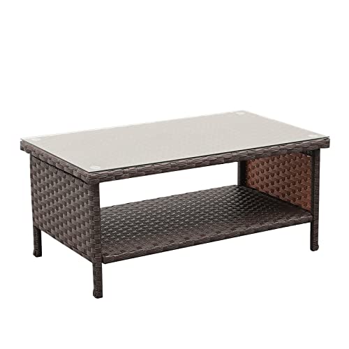 Outdoor Wicker Coffee Table Patio Furniture Garden Rattan 2-Layer Glass Table with Storage and Furniture Cover, Brown