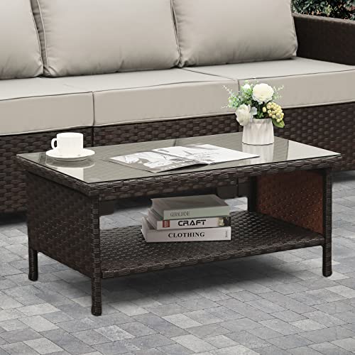 Outdoor Wicker Coffee Table Patio Furniture Garden Rattan 2-Layer Glass Table with Storage and Furniture Cover, Brown