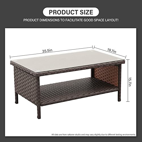 Outdoor Wicker Coffee Table Patio Furniture Garden Rattan 2-Layer Glass Table with Storage and Furniture Cover, Brown