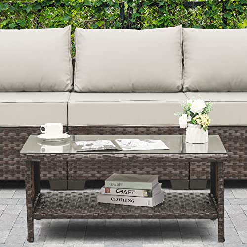 Outdoor Wicker Coffee Table Patio Furniture Garden Rattan 2-Layer Glass Table with Storage and Furniture Cover, Brown