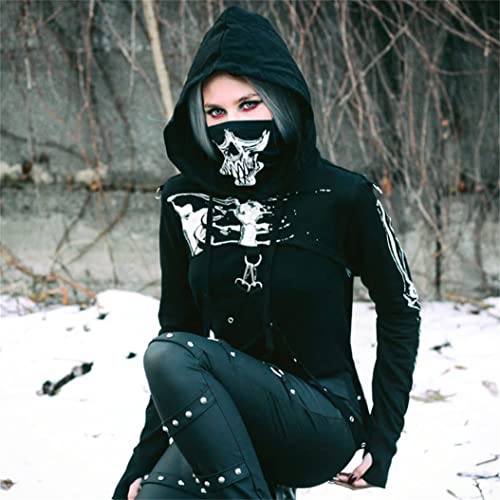 Cropped Hoodie Rave Goth Crop Tops for Women Sexy Black Skeleton Masks Sweatshirts Long Sleeve Cute Pullover Sweaters Chain