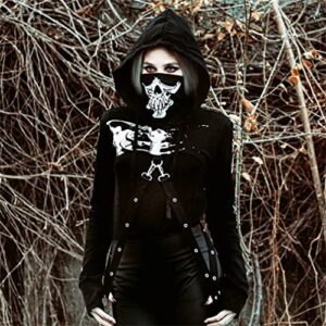 Cropped Hoodie Rave Goth Crop Tops for Women Sexy Black Skeleton Masks Sweatshirts Long Sleeve Cute Pullover Sweaters Chain