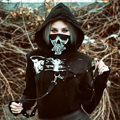 Cropped Hoodie Rave Goth Crop Tops for Women Sexy Black Skeleton Masks Sweatshirts Long Sleeve Cute Pullover Sweaters Chain