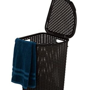 Plastic Corner Laundry Hamper with Lid, Curved Designed Laundry Basket, Triangle Brown Cloths Hamper Organizer with Cut-out Handles for Laundry Room Bedroom Bathroom, Wicker Design, 50 Liter