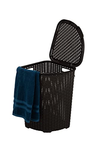 Plastic Corner Laundry Hamper with Lid, Curved Designed Laundry Basket, Triangle Brown Cloths Hamper Organizer with Cut-out Handles for Laundry Room Bedroom Bathroom, Wicker Design, 50 Liter