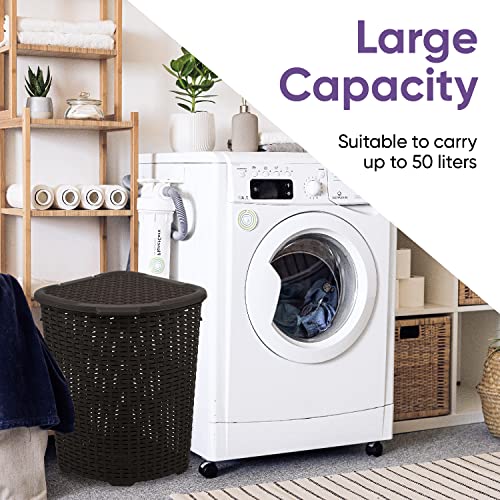 Plastic Corner Laundry Hamper with Lid, Curved Designed Laundry Basket, Triangle Brown Cloths Hamper Organizer with Cut-out Handles for Laundry Room Bedroom Bathroom, Wicker Design, 50 Liter