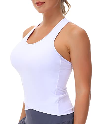 Women’s Racerback Workout Tank Tops with Built in Bra Sleeveless Running Yoga Shirts Slim Fit (Medium, White)