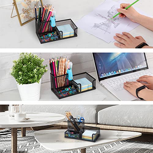 Yunqing Black Mesh Pen Holder - Multipurpose Mesh Desk Organizers Large Capacity Office Supplies with Sticky Notes Holder and 3 Compartments 4 Non-slip Mats Easy Storage Suitable for School, Home