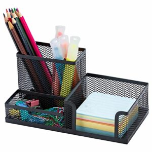 yunqing black mesh pen holder - multipurpose mesh desk organizers large capacity office supplies with sticky notes holder and 3 compartments 4 non-slip mats easy storage suitable for school, home