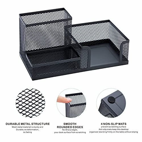 Yunqing Black Mesh Pen Holder - Multipurpose Mesh Desk Organizers Large Capacity Office Supplies with Sticky Notes Holder and 3 Compartments 4 Non-slip Mats Easy Storage Suitable for School, Home