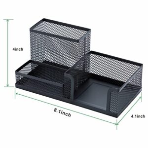 Yunqing Black Mesh Pen Holder - Multipurpose Mesh Desk Organizers Large Capacity Office Supplies with Sticky Notes Holder and 3 Compartments 4 Non-slip Mats Easy Storage Suitable for School, Home