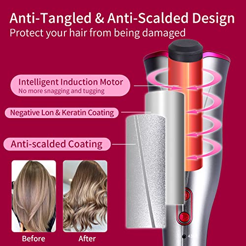 Automatic Hair Curler Curling Iron - 4 Temps & 3 Timer Settings, Curling Iron with Dual Voltage,1" Large Rotating Barrel, Auto Shut-Off Fast Heating Spin Iron for Women with Long Hair (Purple)