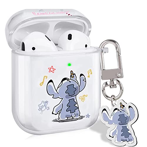 Cute Stitch Case for AirPods 1&2 Clear with Kawaii Keychain for Women Girls Kids Lovely Anime Dog Design Protective Skin Slim Soft Silicone TPU Airpod Cover for AirPods 2nd &1st Generation