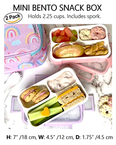 kinsho Kids Snack Container - Mini Bento Lunch-Box, Small Leakproof Container Boxes for Toddlers Girls Snacks Lunches, 3 Compartment - School Daycare Portion Containers, Pink Purple Glitter Set of 2