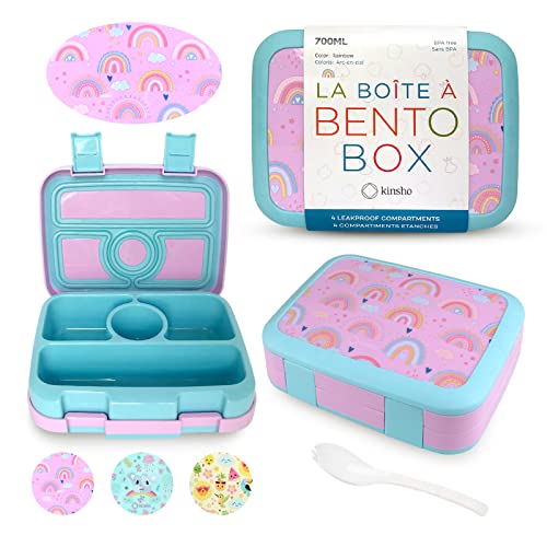 Kids Bento Lunch Box, Meal Prep Containers: Reusable, Leakproof Container Lunch Boxes For Kids & Adults Lunches, 4 Compartment - School, Daycare, Portion Control Container Utensils Purple Rainbow