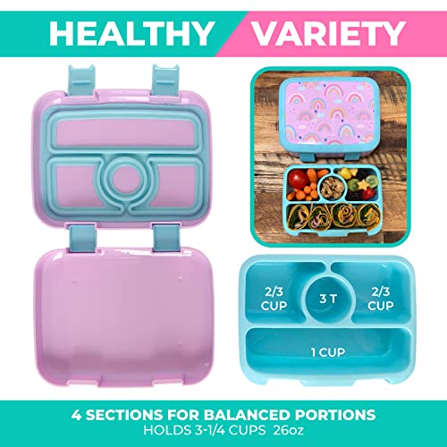 Kids Bento Lunch Box, Meal Prep Containers: Reusable, Leakproof Container Lunch Boxes For Kids & Adults Lunches, 4 Compartment - School, Daycare, Portion Control Container Utensils Purple Rainbow