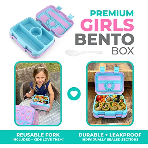 Kids Bento Lunch Box, Meal Prep Containers: Reusable, Leakproof Container Lunch Boxes For Kids & Adults Lunches, 4 Compartment - School, Daycare, Portion Control Container Utensils Purple Rainbow