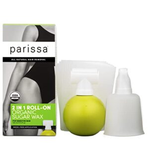 parissa organic roll-on sugar wax kit for at-home waxing, 100% natural, sensitive skin, gentle & washable formula