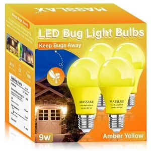 masslax 4 pack amber yellow led bug light bulbs outdoor,dimmable 9w replace to 100w bug lights, e26 base led bug lights for outside porch light, decorative lighting bulbs, bedroom night light bulb