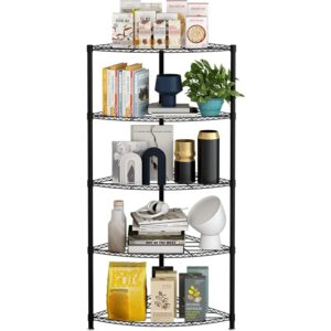 sasoiky 5 tier corner storage shelves, wire shelving unit, metal shelf, steel storage rack 23.2" l x 17.3" w x 60.8" h for laundry bathroom kitchen pantry closet, black