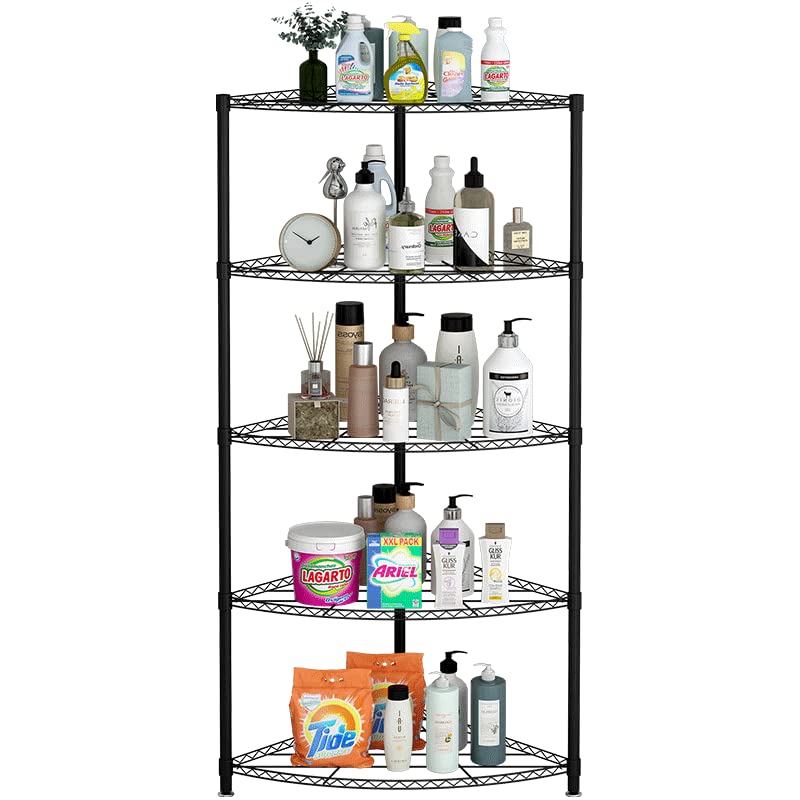 Sasoiky 5 Tier Corner Storage Shelves, Wire Shelving Unit, Metal Shelf, Steel Storage Rack 23.2" L x 17.3" W x 60.8" H for Laundry Bathroom Kitchen Pantry Closet, Black