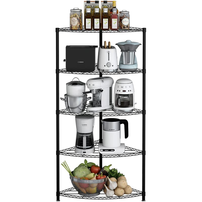 Sasoiky 5 Tier Corner Storage Shelves, Wire Shelving Unit, Metal Shelf, Steel Storage Rack 23.2" L x 17.3" W x 60.8" H for Laundry Bathroom Kitchen Pantry Closet, Black