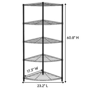 Sasoiky 5 Tier Corner Storage Shelves, Wire Shelving Unit, Metal Shelf, Steel Storage Rack 23.2" L x 17.3" W x 60.8" H for Laundry Bathroom Kitchen Pantry Closet, Black