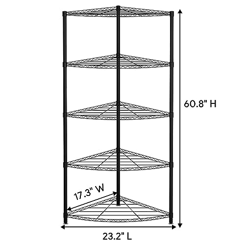 Sasoiky 5 Tier Corner Storage Shelves, Wire Shelving Unit, Metal Shelf, Steel Storage Rack 23.2" L x 17.3" W x 60.8" H for Laundry Bathroom Kitchen Pantry Closet, Black