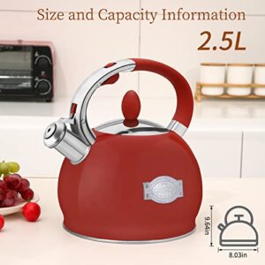 RETTBERG Tea Kettle for Stovetop Whistling Tea Kettles Retro Black Stainless Steel Teapots, 2.64 Quart (Red2)