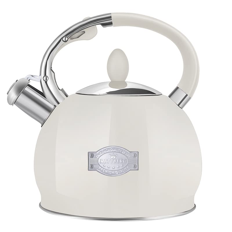 RETTBERG Tea Kettle for Stovetop Whistling Tea Kettles Retro Black Stainless Steel Teapots, 2.64 Quart (Cream)