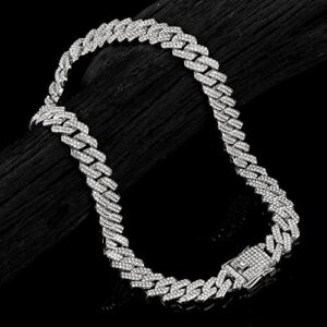 JUNVirtuous Cuban Link Chain Mens Iced Out Miami Cuban Necklace Silver/Gold Bling Diamond Hip Hop Jewelry for Women (16 inch Silver Necklace)