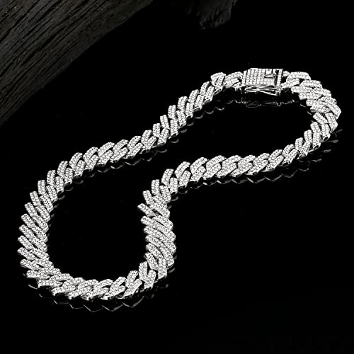 JUNVirtuous Cuban Link Chain Mens Iced Out Miami Cuban Necklace Silver/Gold Bling Diamond Hip Hop Jewelry for Women (16 inch Silver Necklace)