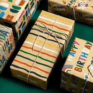 Packanewly Brithday Kraft Wrapping Paper Sheet - 6 Sheets Different Design Reversible Gift Brown Wrap Paper - 17.5 x 30 inches per Sheet