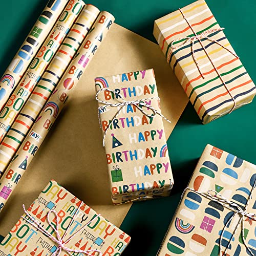 Packanewly Brithday Kraft Wrapping Paper Sheet - 6 Sheets Different Design Reversible Gift Brown Wrap Paper - 17.5 x 30 inches per Sheet