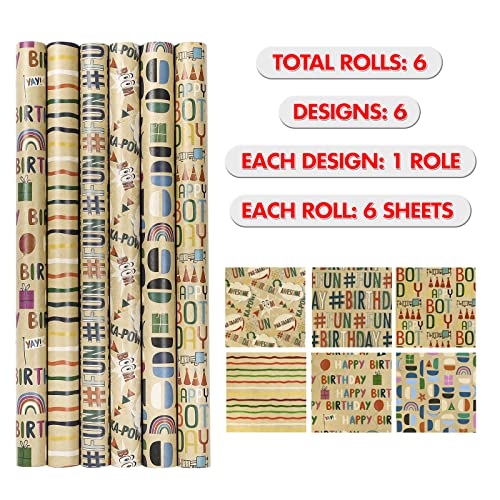 Packanewly Brithday Kraft Wrapping Paper Sheet - 6 Sheets Different Design Reversible Gift Brown Wrap Paper - 17.5 x 30 inches per Sheet